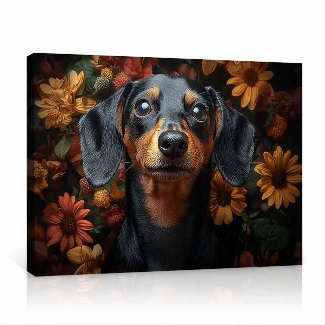 Dachshund Dog Portrait Wall Art Poster Print Floral Artwork Decor Art ...