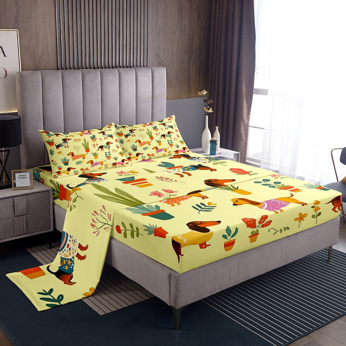 Dachshund Flat Fitted Sheet King,Groovy Flower Floral Bed Sheets Gifts ...