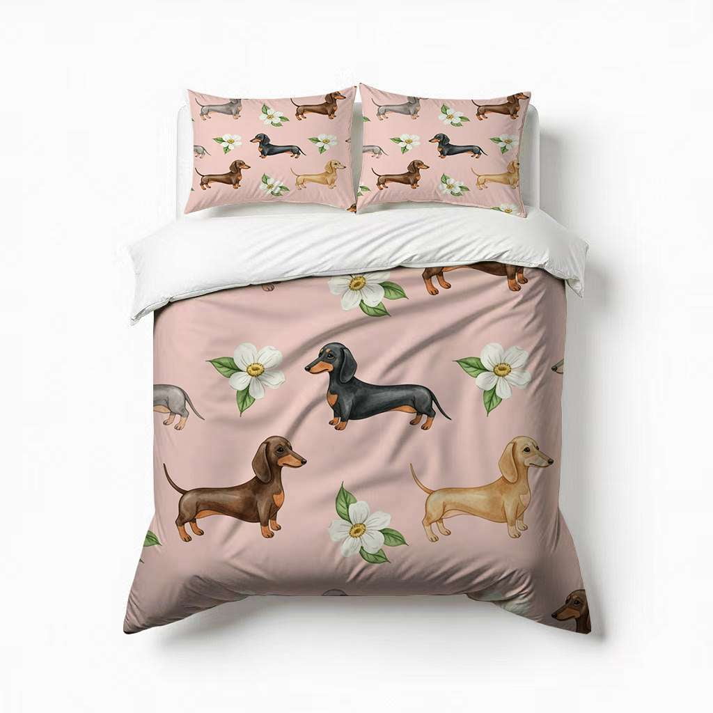 Dachshund Floral Pattern Bedding Set 3 Pcs Soft Microfiber Quilt Cover ...