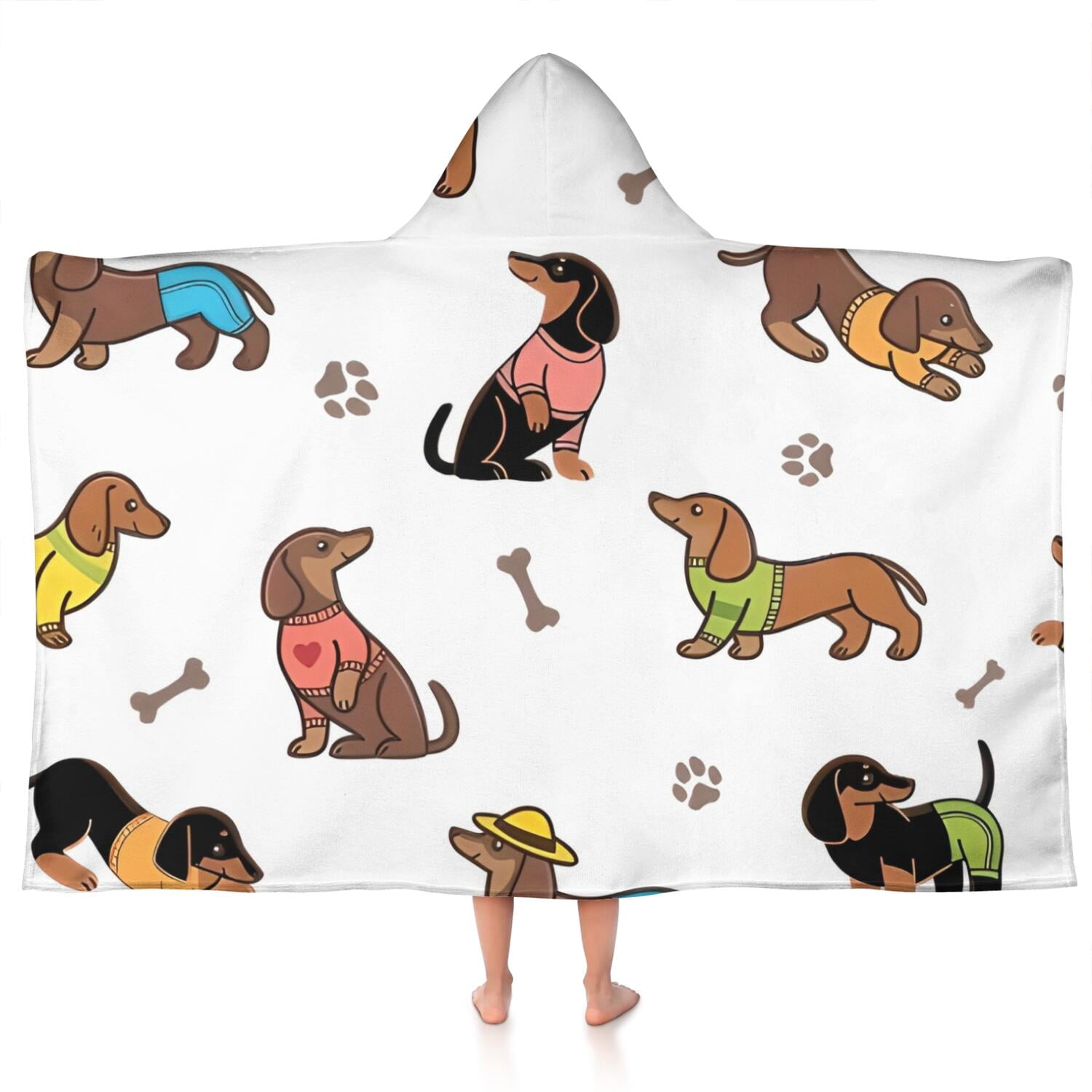 Dachshund Footprint Bone Hooded Bath Towel，50"x30" for Ages 3 To 12 ...