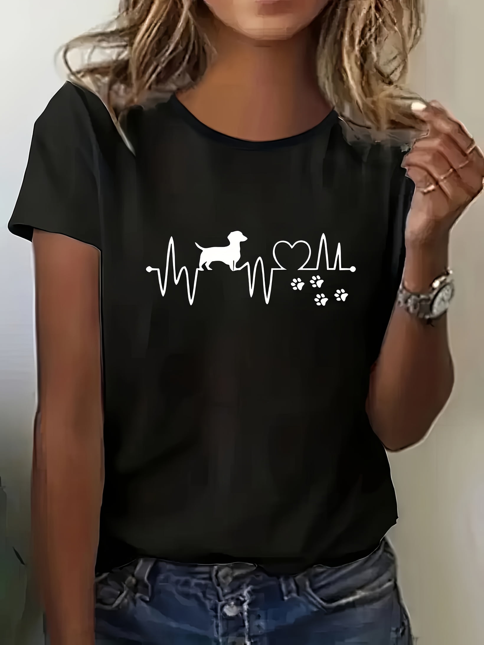 Dachshund Graphic T-Shirt for Women - Cute Dog with Paw Print Heart ...