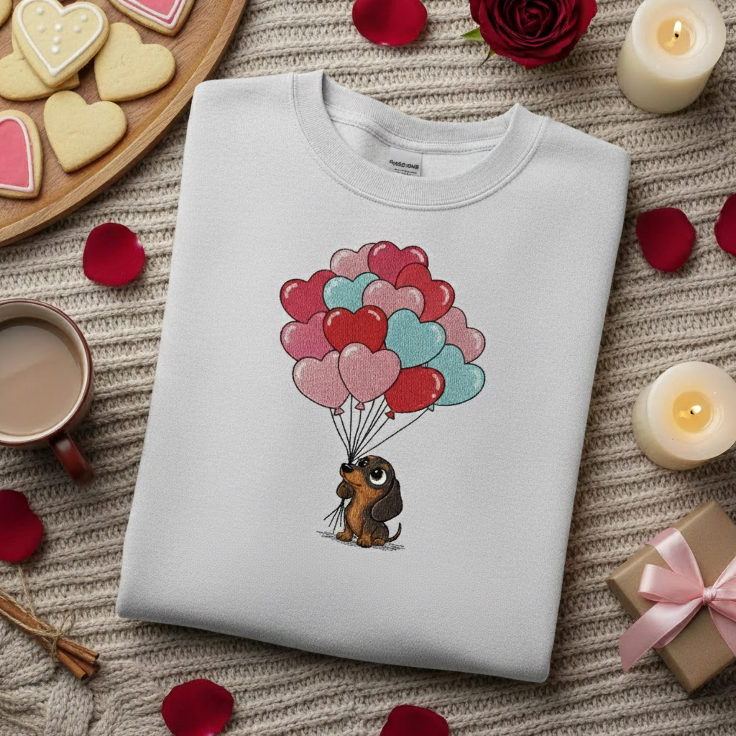 Dachshund Heart Balloon Embroidered Sweatshirt, Cute Valentine Wiener ...