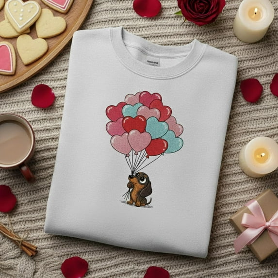 Dachshund Heart Balloon Embroidered Sweatshirt, Cute Valentine Wiener ...