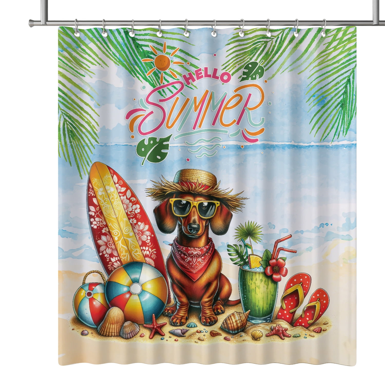 Dachshund Hello Summer with Sunglasses and Surfboard Tropical Vibes ...