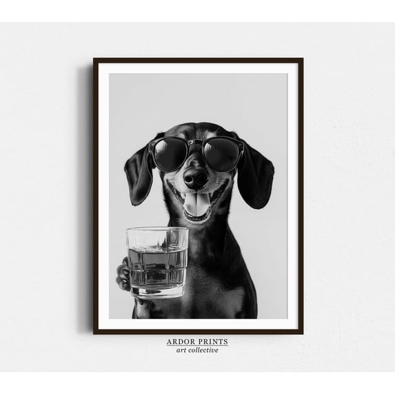 Dachshund Holding Whiskey Wall Art Bourbon Glass Black And White Print ...