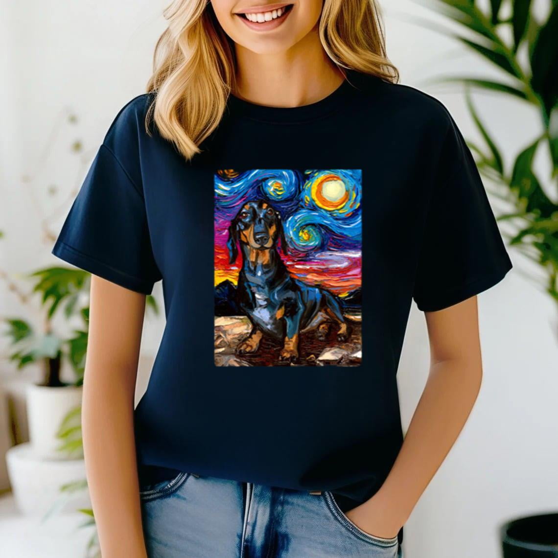 Dachshund Night Starry Sky Art Black and Tan Pet Unisex T-shirt, for men & women, up to size 5XL ...