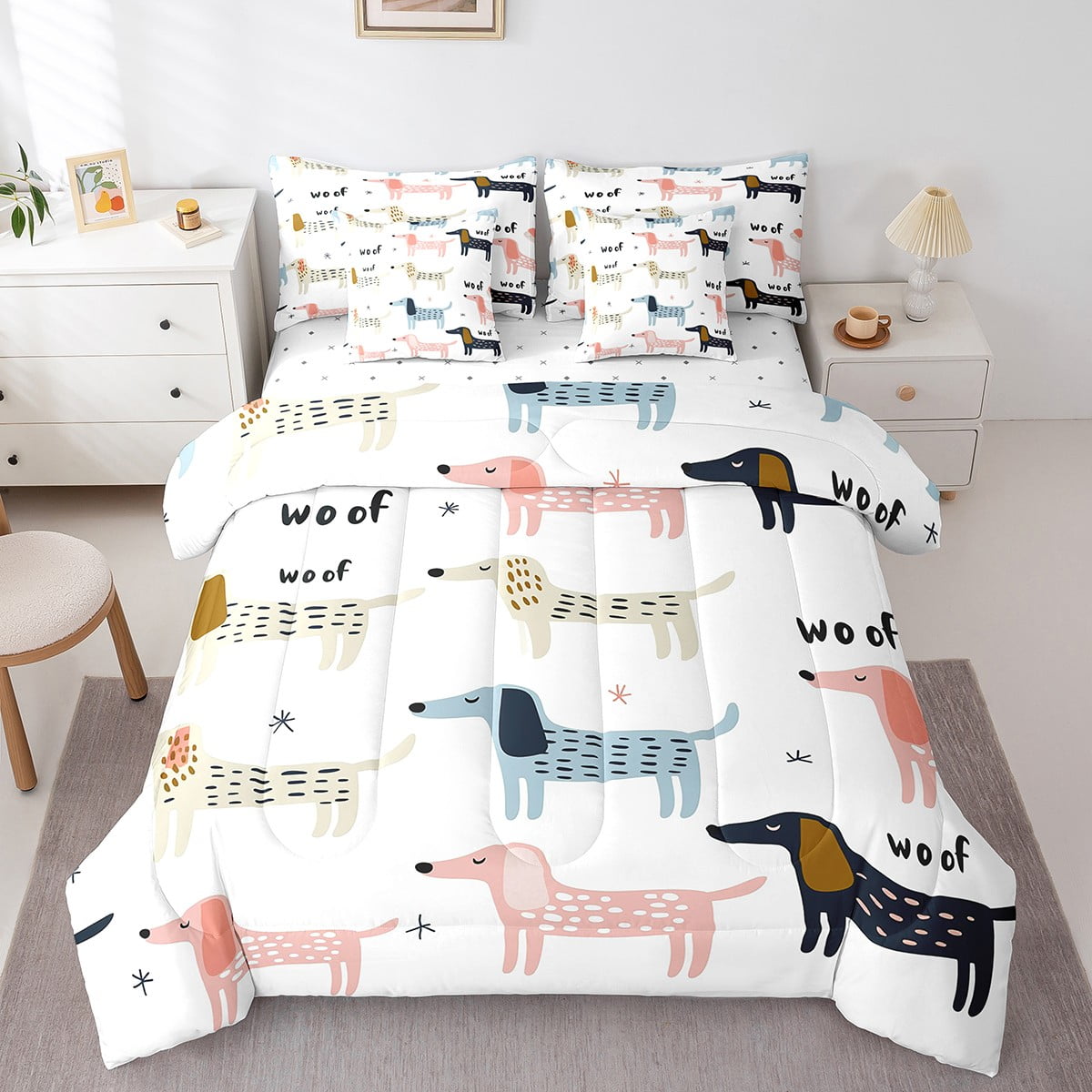 Dachshund Queen Comforter Set with Sheets - 7 Pieces Cute Cartoon Puppy ...