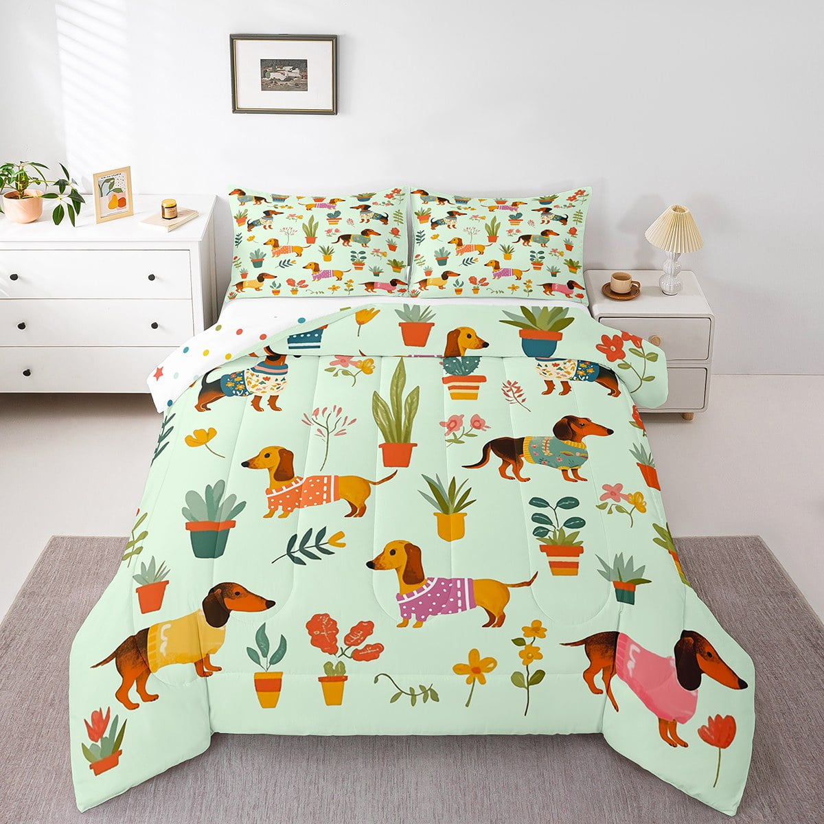 Dachshund Quilt Full,Green Sausage Dog Comforter Set for All Season ...