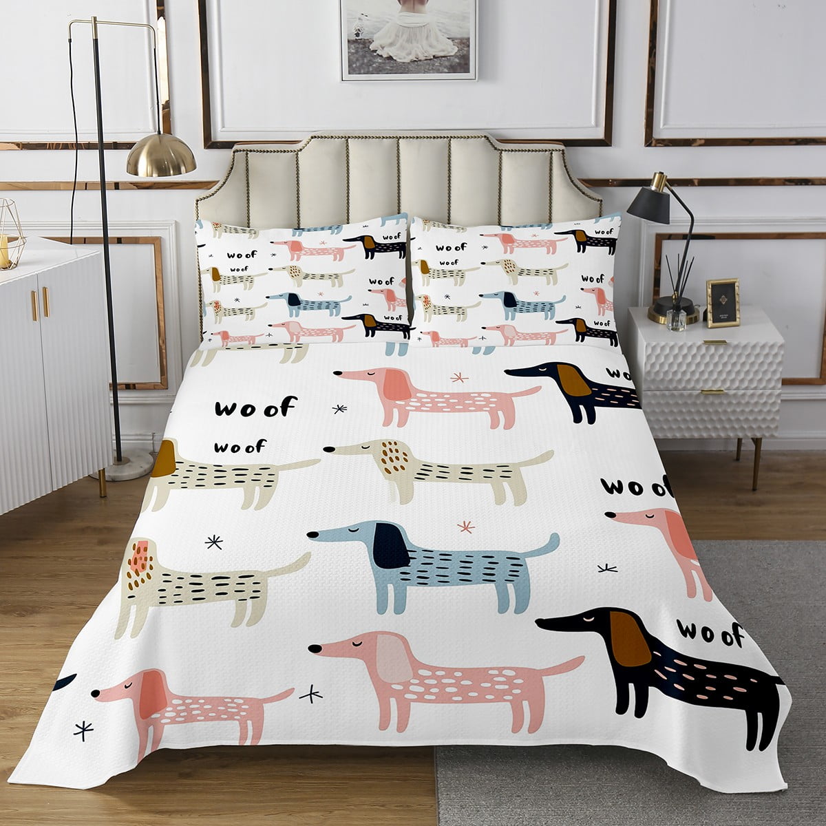 Dachshund Quilt Set Twin Size,Cute Cartoon Puppy Coverlet Set for Teens ...