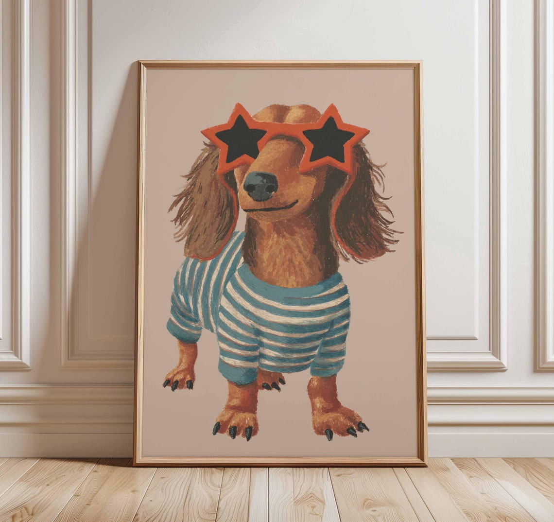 Dachshund Star Sunglasses Art Poster Quirky Expressive Dog Portrait ...