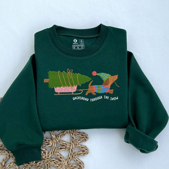 Dachshund Through The Snow Embroidered Sweatshirt: Christmas Dachshund ...