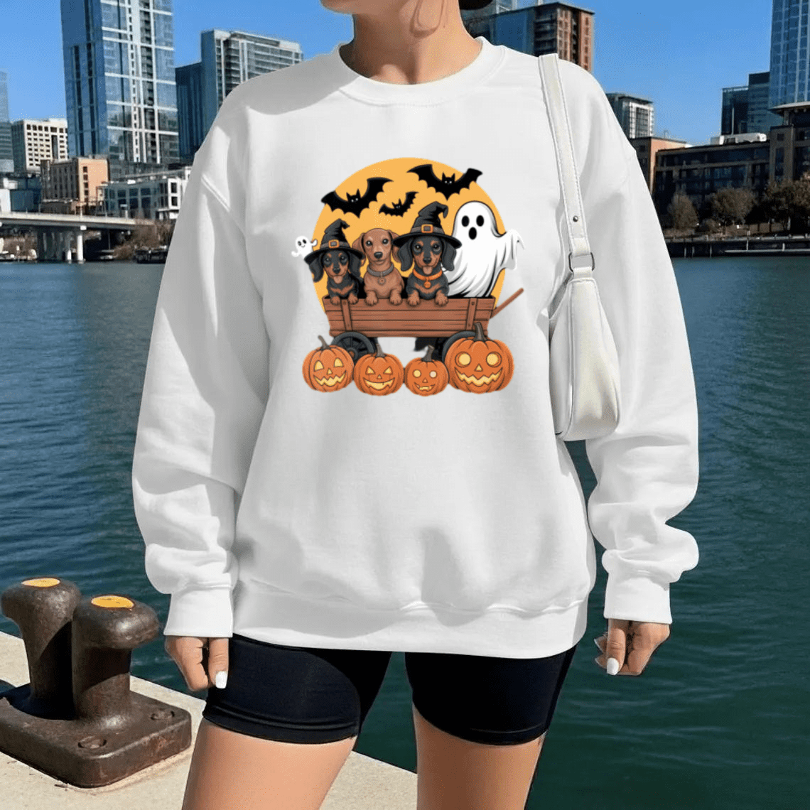 Dachshund Wagon Witch Ghost Bats Pumpkin Halloween Sweatshirt, up to ...