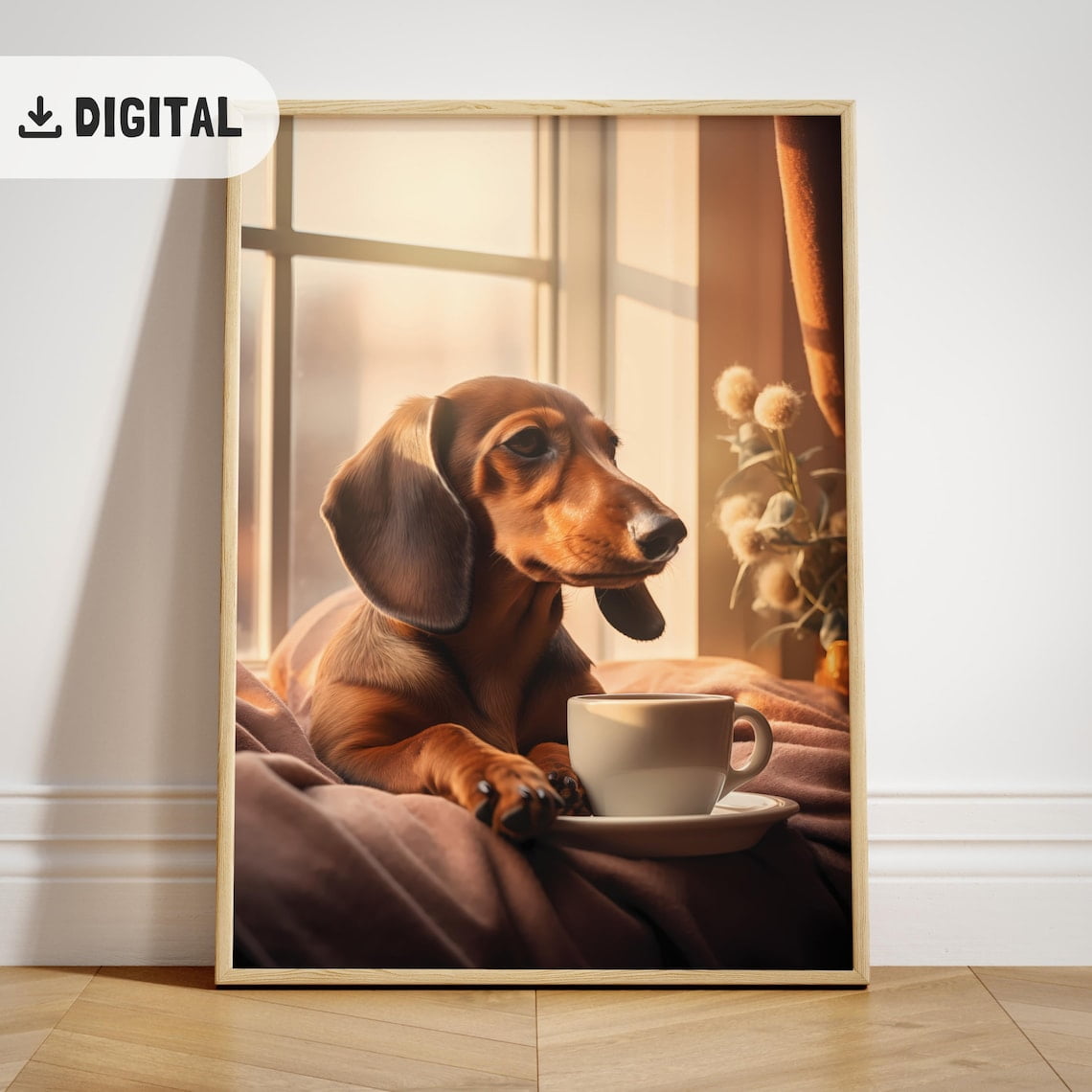 Dachshund With Coffee Poster, Poster Doxie Dog Poster, Kitchen Wall ...