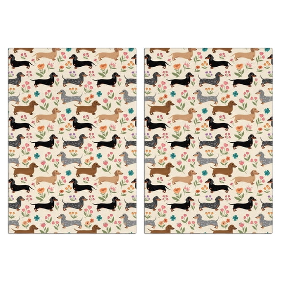 Dachshund and Floral Beige Pattern Kitchen Towels Set Of 2, Microfiber ...