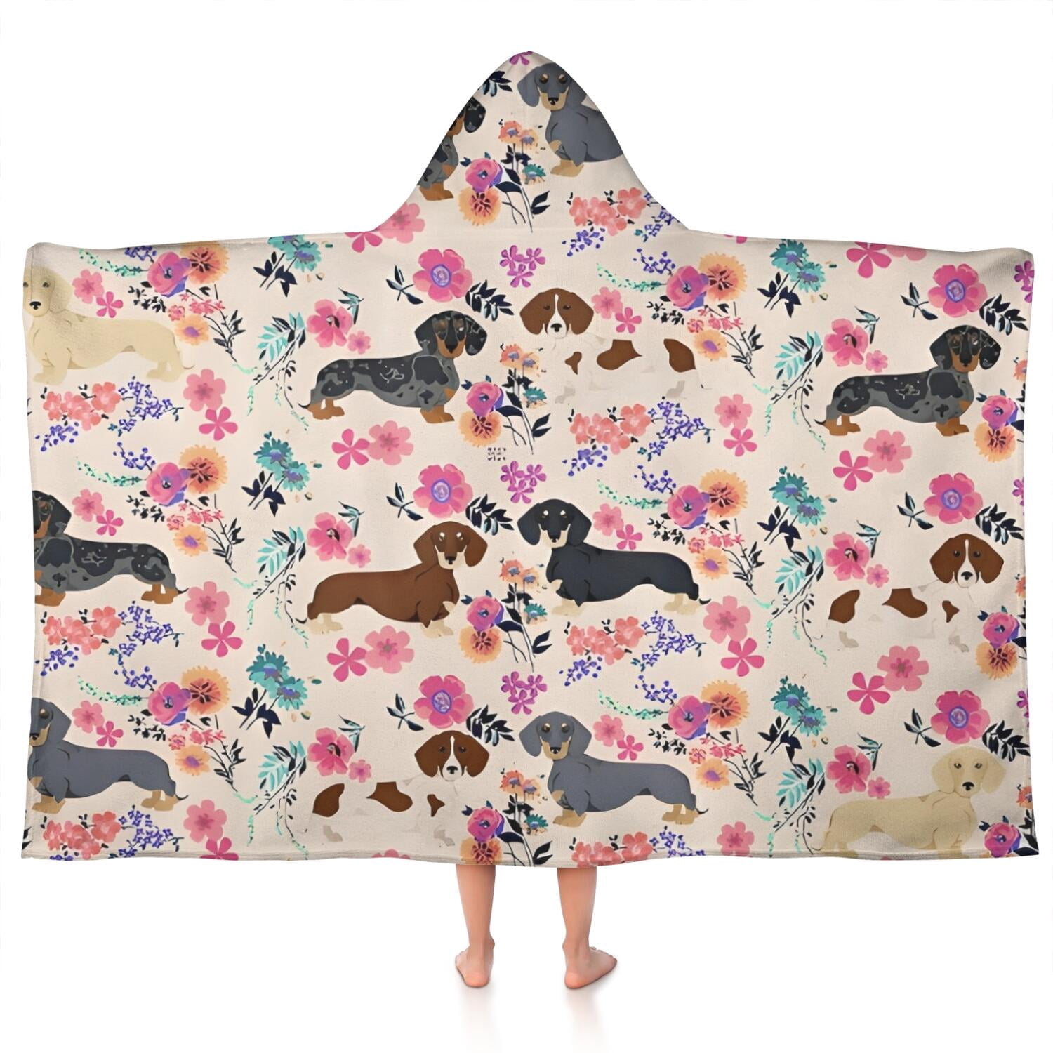 Dachshund and Flower Hooded Bath Towel，50"x30" for Ages 3 To 12 Kids ...