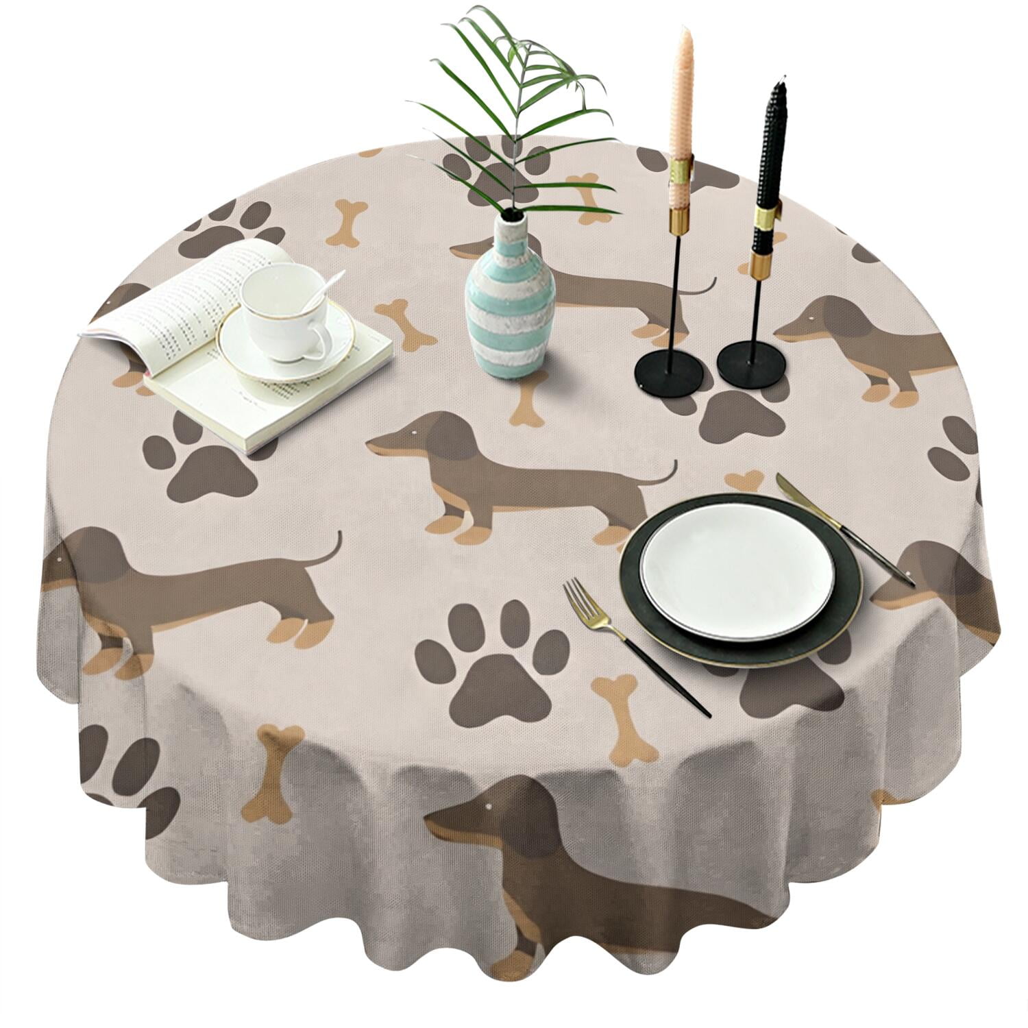 Dachshund and Paws Round Tablecloth 60"x60",Wrinkle Wipeable Table ...