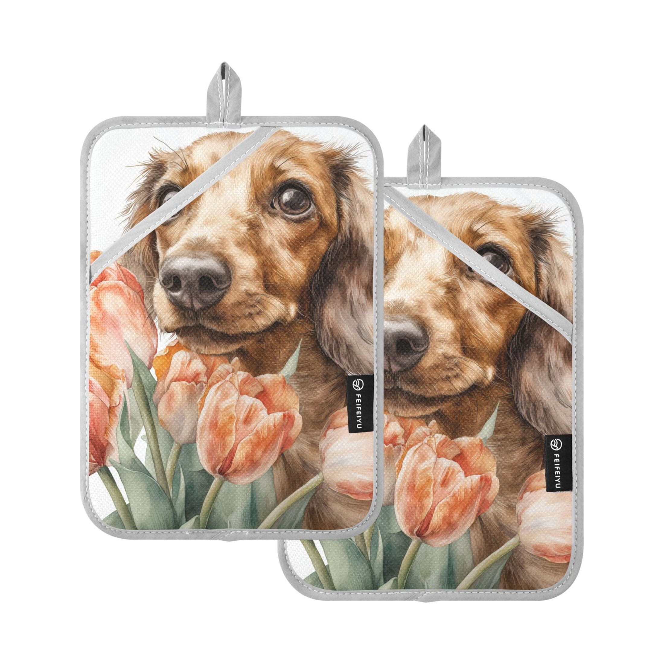 Dachshund with Tulips Flowers Pot Holder Heat Resistant Mat Oven Hot ...