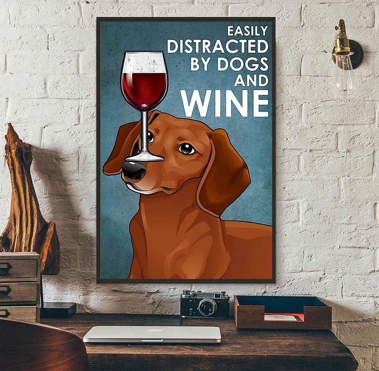 Dachsund Tan And Wine Poster Easily Distracted By Dogs Wine Vintage ...