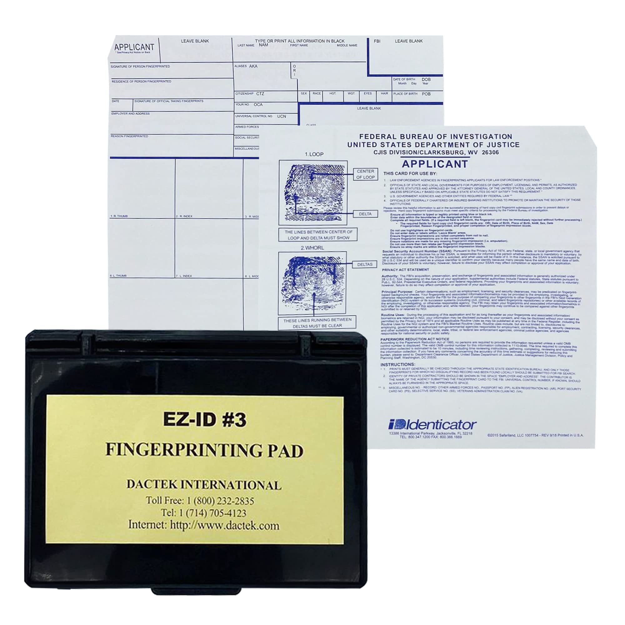 Dactek EZ ID3 Fingerprint Kit Set with ATF FBI FD-258 Cards, Inkless Fingerprint Pad for Law ...