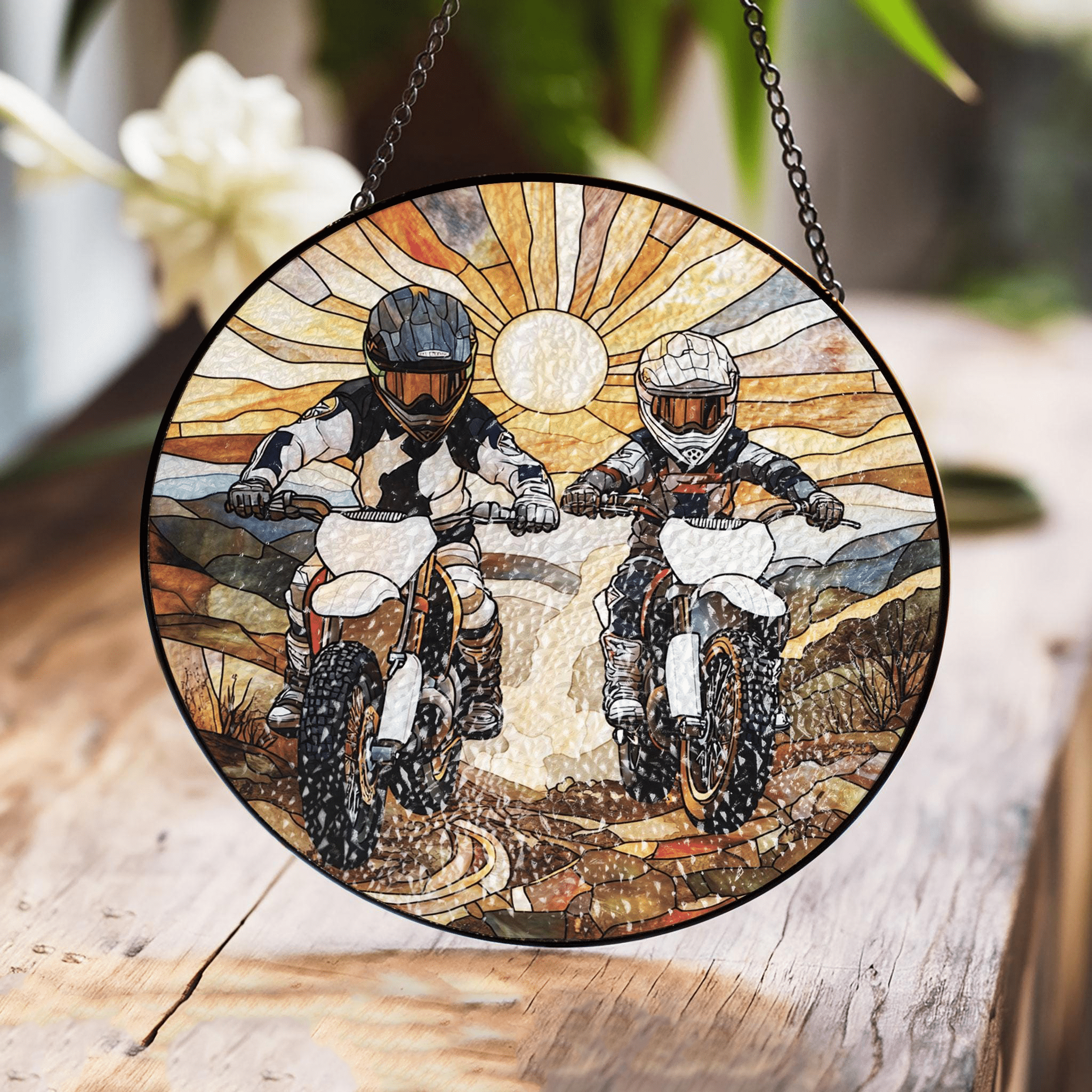 Dad And Son Motocross Stained Glass Suncatcher, Dirt Bike Window ...