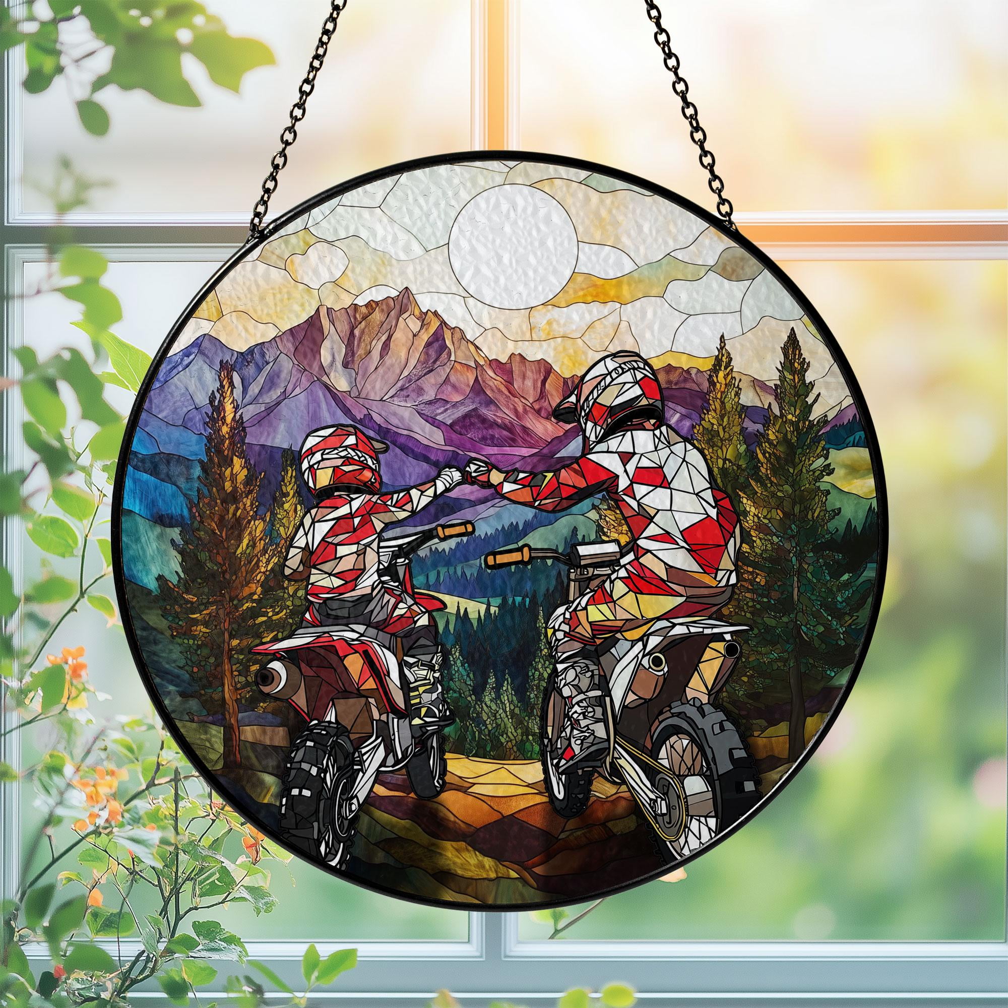 Dad And Son Motocross Stained Glass Suncatcher, Father Son Dirt Bike ...