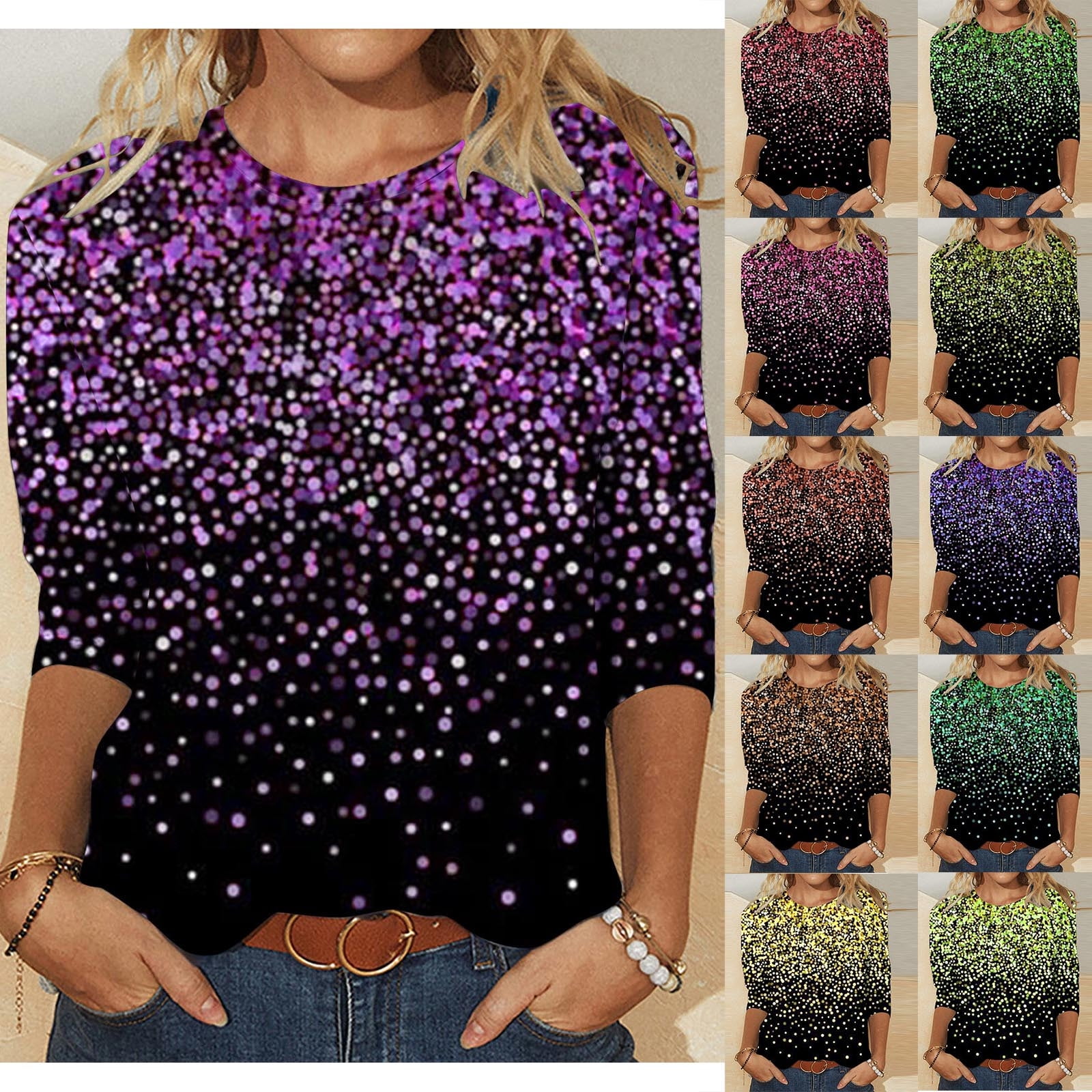 Dadaria Ladies Tops And Blouses 34 Sleeve Plus Size Blouses Gradient Tops Sparkly Glittery