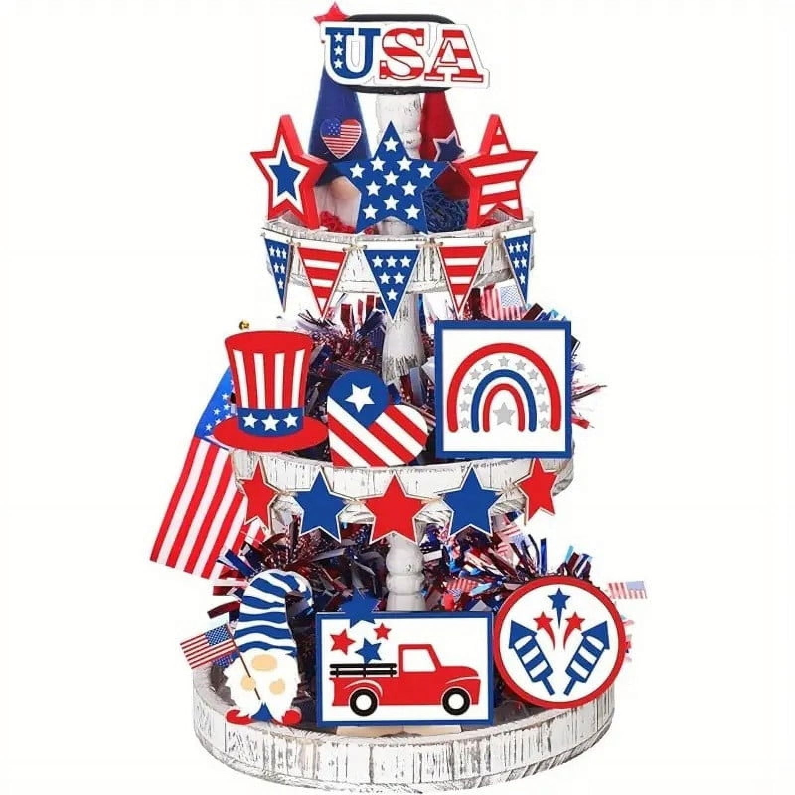 Dadatutu 4th of July Patriotic Tiered Tray Decor, Red White Blue Wooden ...