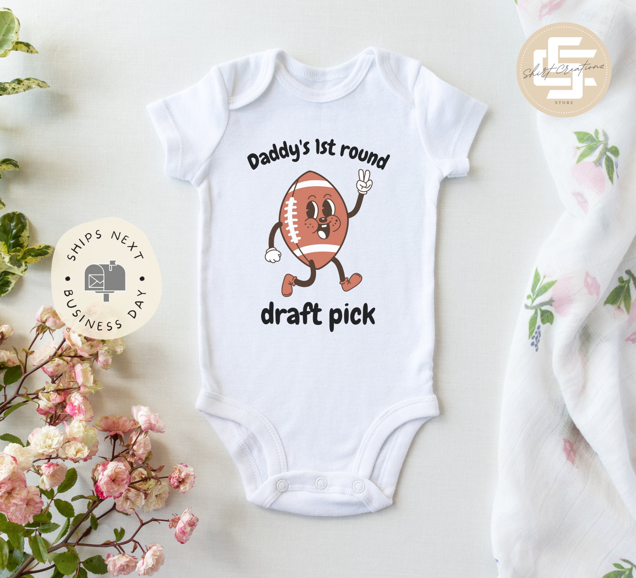 Daddy'S First Round Draft Pick Onesie, Football Baby Onesie, Baby Boy ...