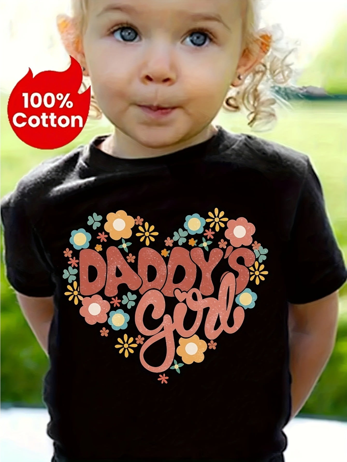Daddy'S Girl Floral Heart Print Cotton T-Shirt, Crew Neck Short Sleeve ...