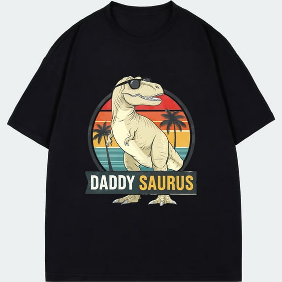 Daddy Saurus T Shirt Black Dinosaur With Sunglasses And Tropical Sunset ...