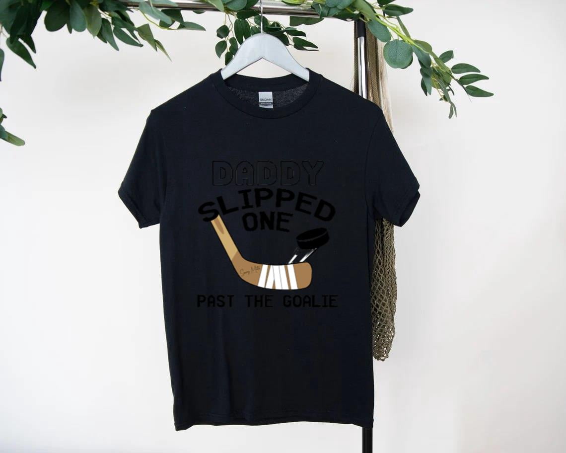 Daddy Slipped One Past the Goalie Funny Hockey Baby Announcement Gift T ...