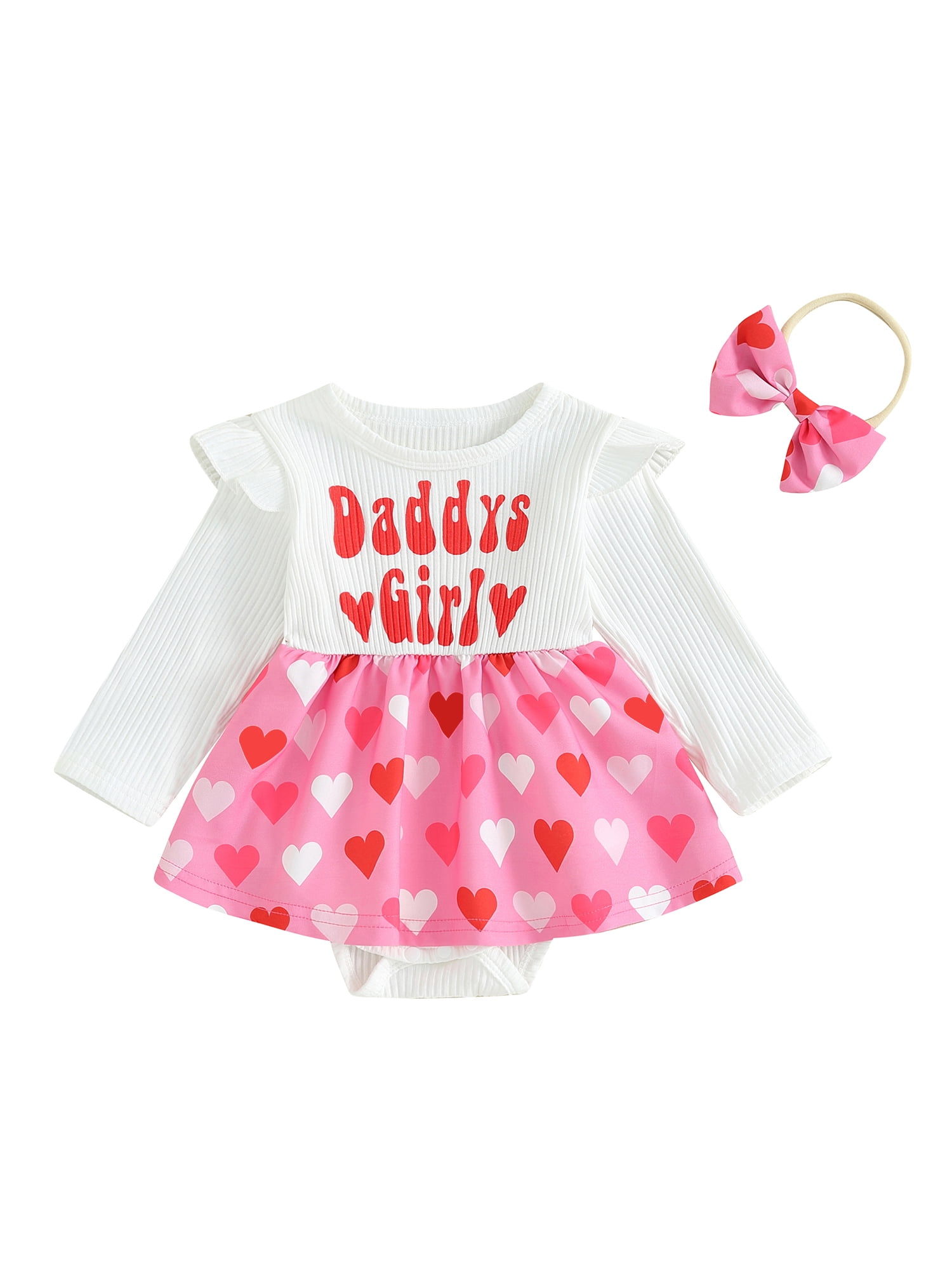 Daddy's Baby Girl Valentines Day Romper Dress Long Sleeve Crew Neck Heart Letter Bodysuit with ...