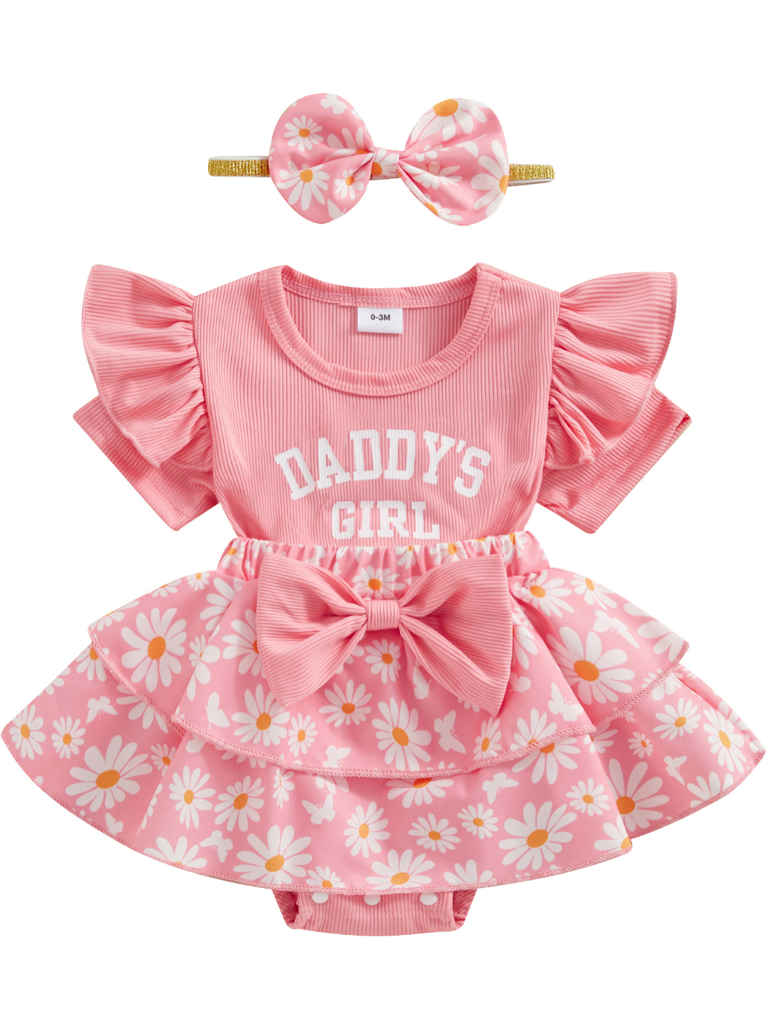 Mevireiy Daddys Girl Romper Dress Ribbed Knit Patchwork Daisy Floral Print Bodysuit, Pink, 6-9 ...