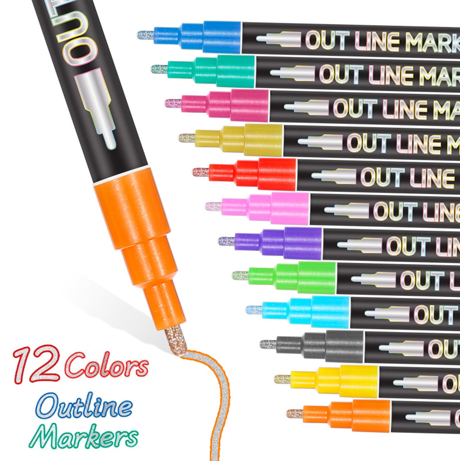 Dadiaei Double Line Outline Markers, 12 Colors Metallic Self-Outline ...