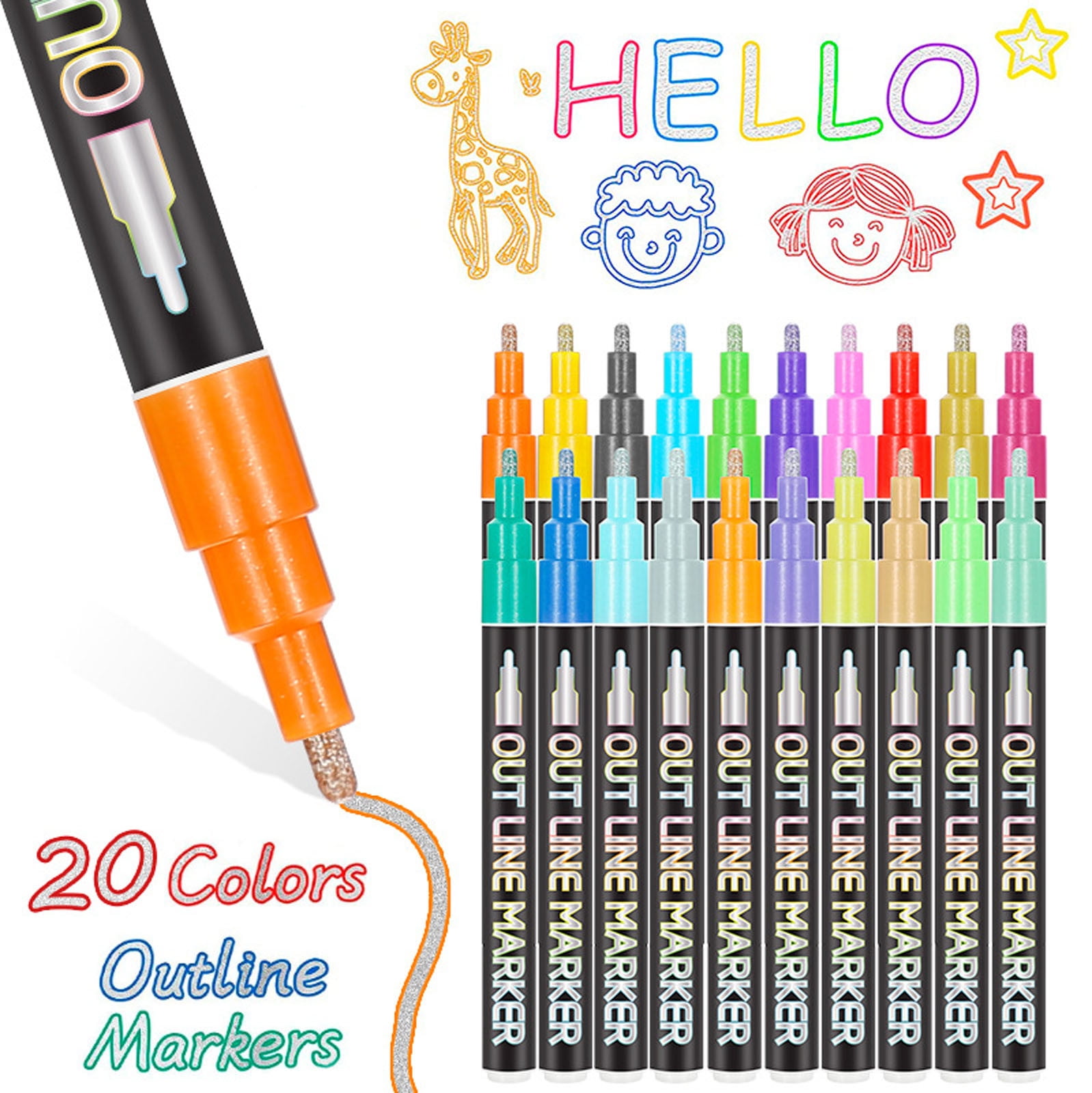 Dadiaei Double Line Outline Markers, 12 Colors Metallic Self-Outline ...