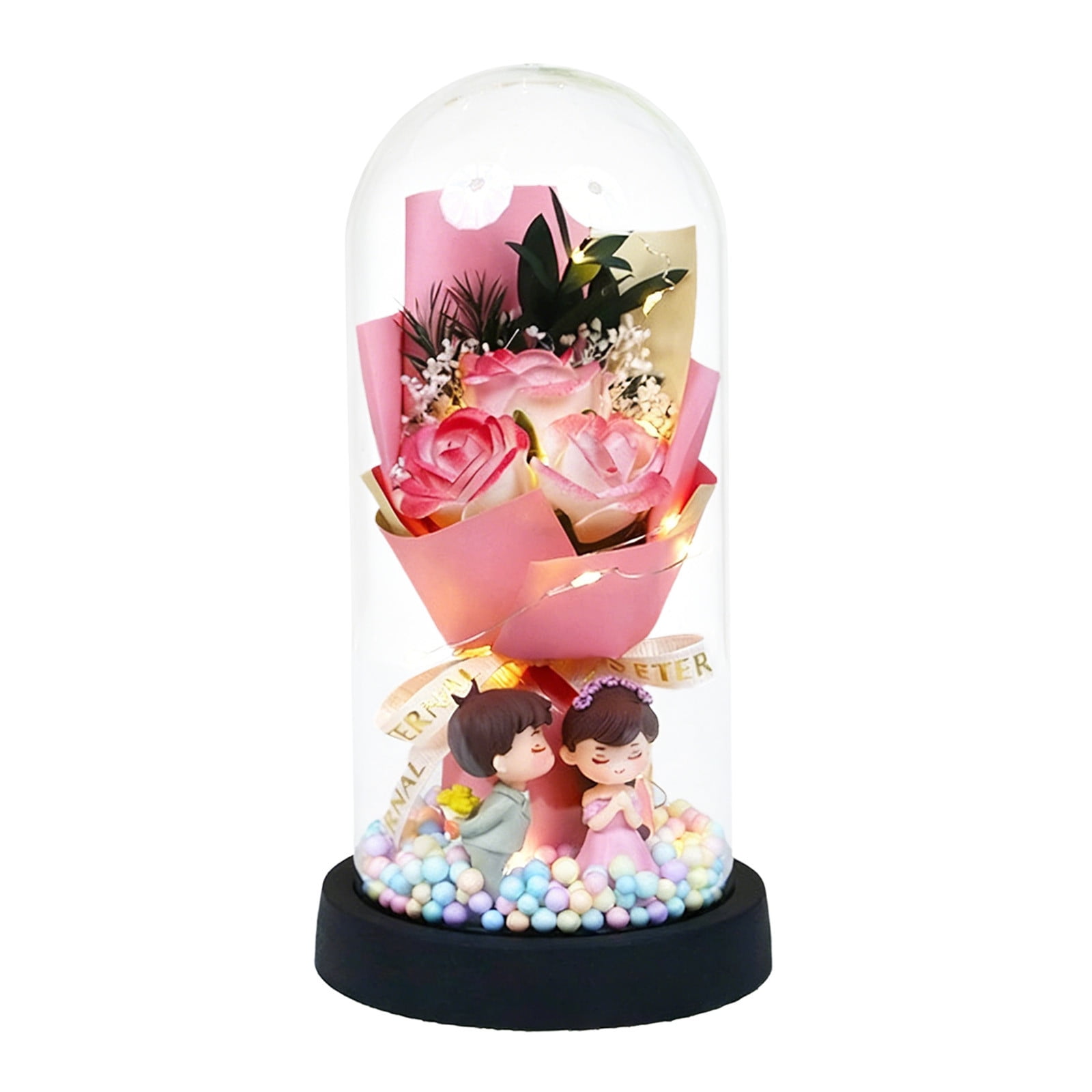 Dadiaei Everlasting Mini Rose Soap Flower Bouquet Glass Cover with LED ...