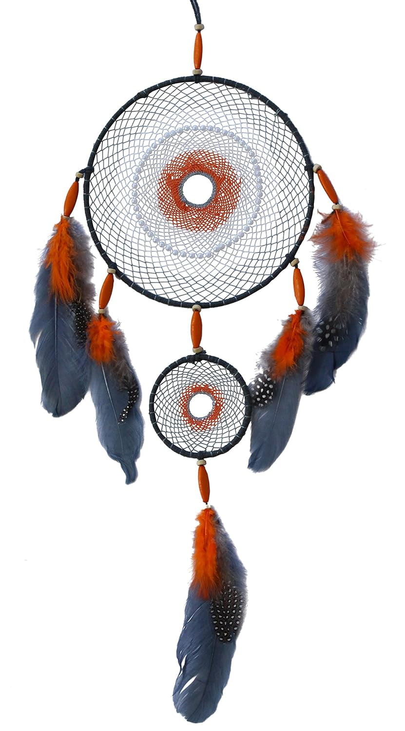 Daedal dream catchers Two Ring Grey Dotted Feathered Dream Catcher Dimensions 50cm L X 25cm W X ...