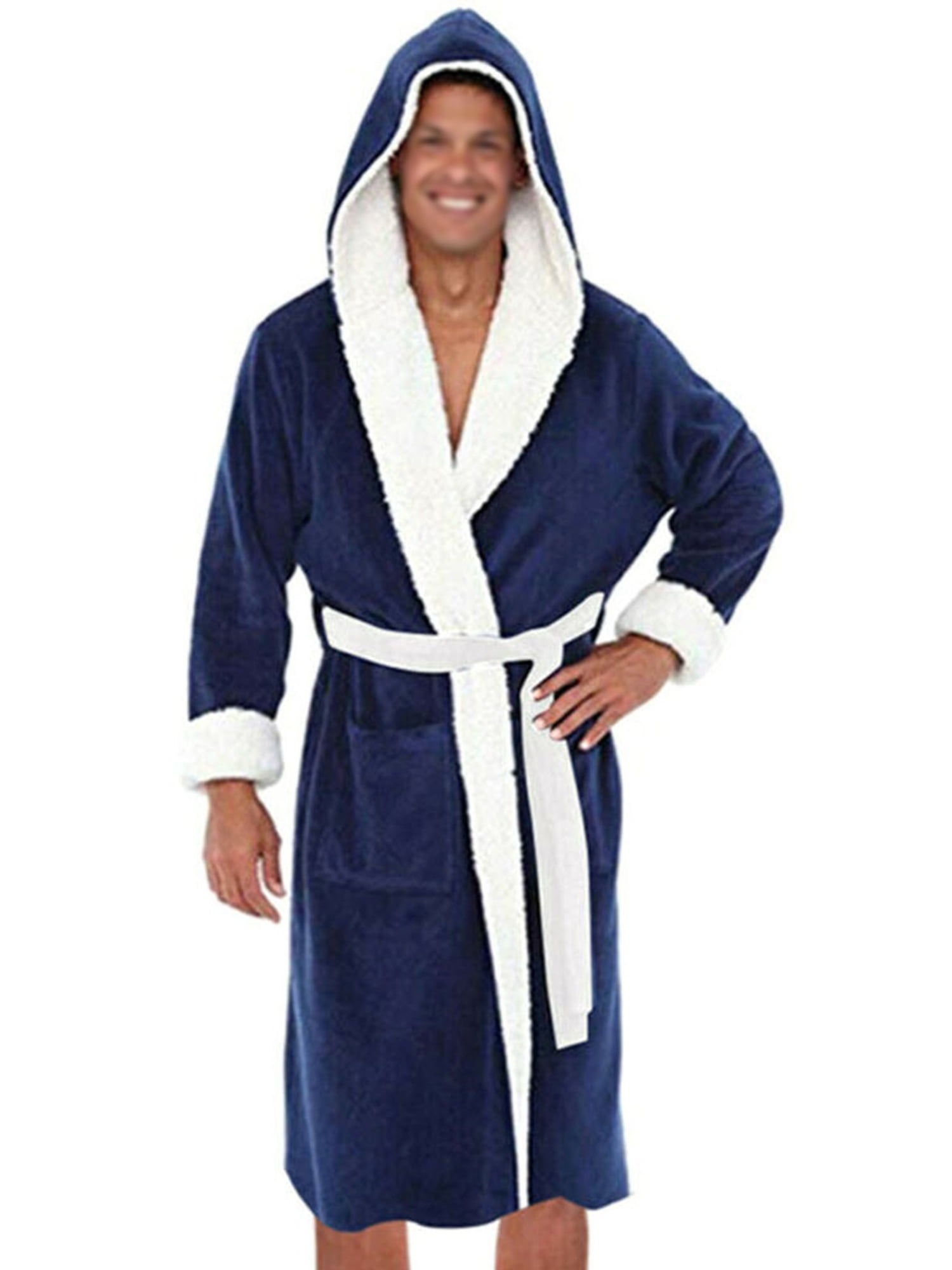 Daeful Men Bath Robes Fleece Dressing Gown Long Sleeve Wrap Robe ...