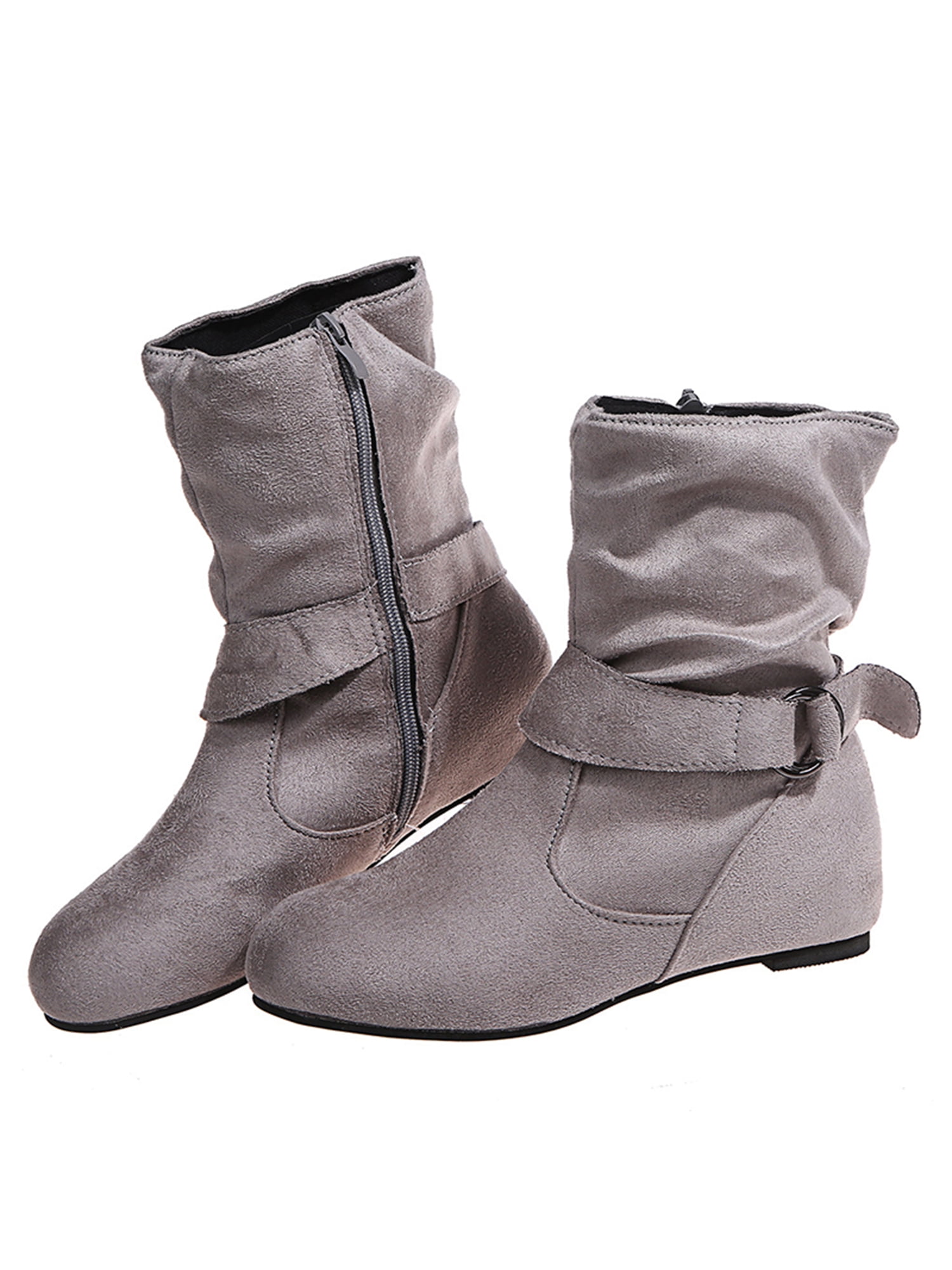 Daeful Womens Booties Mid Calf Slouch Boots Winter Buckle Flat Heel ...
