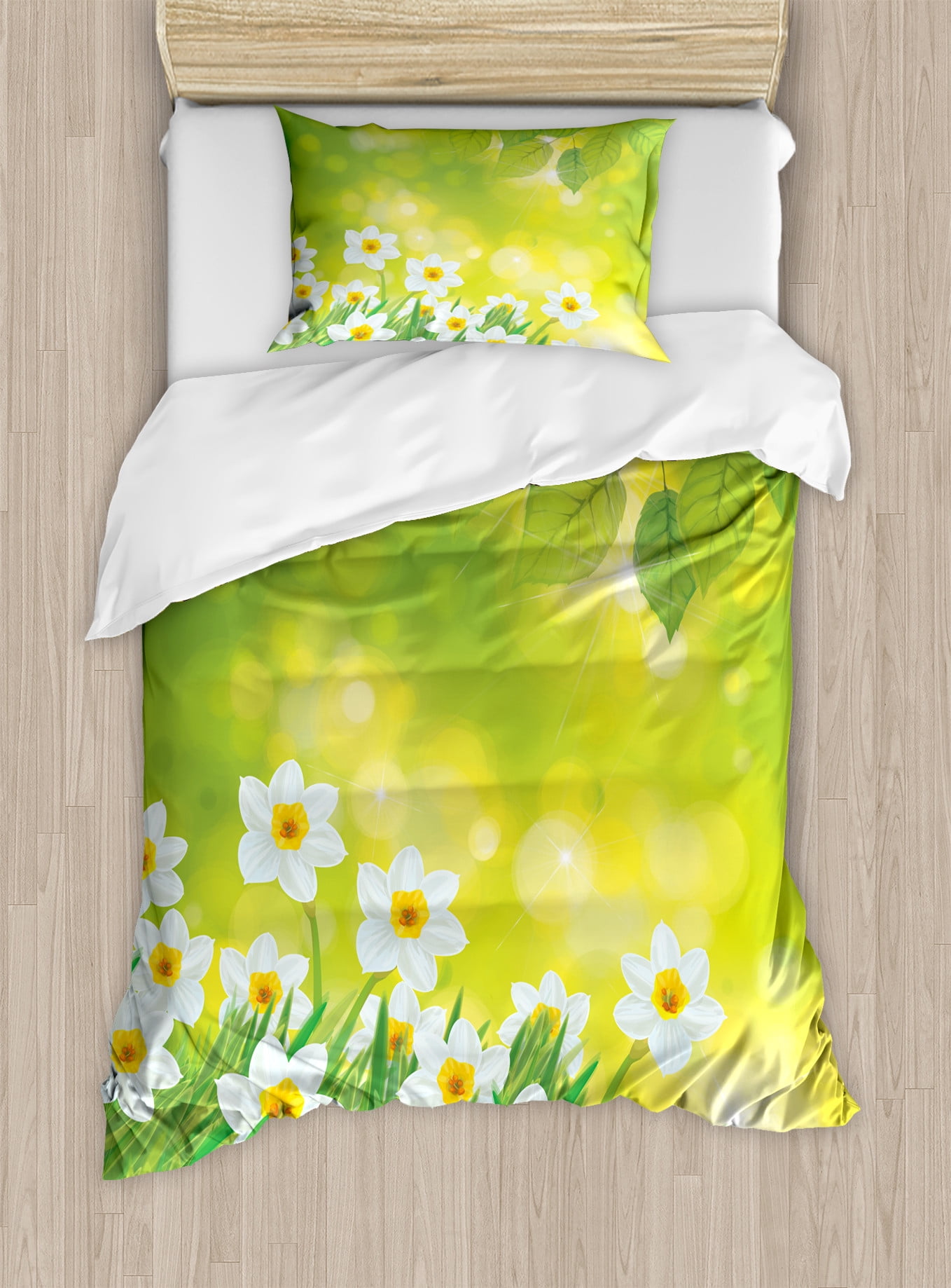 Daffodil Duvet Cover Set, Daffodils Under Vibrant Tree Branch Leaves ...