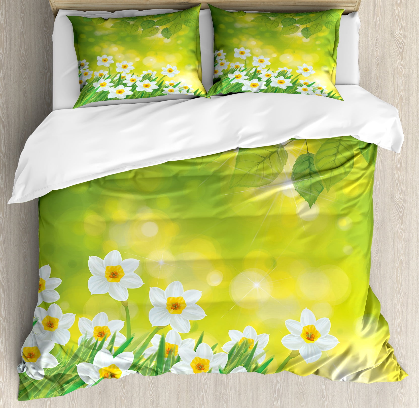 Daffodil Duvet Cover Set, Daffodils Under Vibrant Tree Branch Leaves ...
