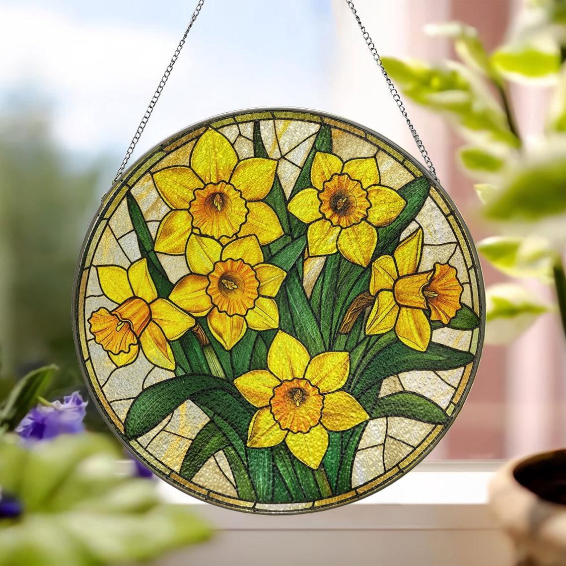 Daffodil Flower Glass Suncatcher v3, Spring Floral Window Hanging ...