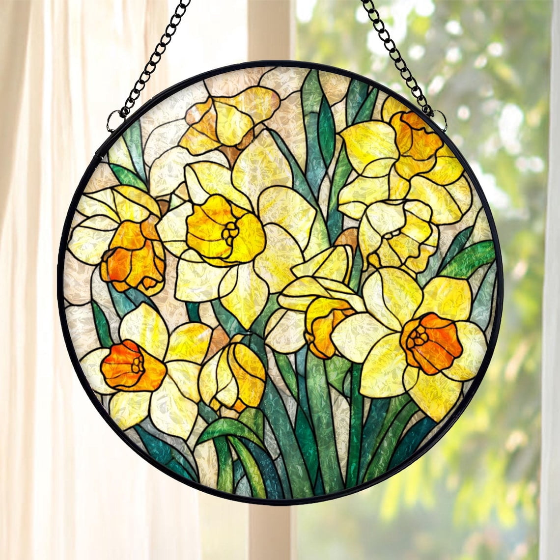 Daffodil Glass Suncatcher, Yellow Flower Window Hanging Spring Floral ...