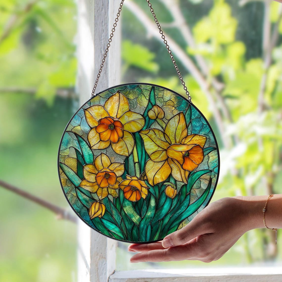 Daffodil March Birth Flower Glass Suncatcher, Spring Botanical Window ...