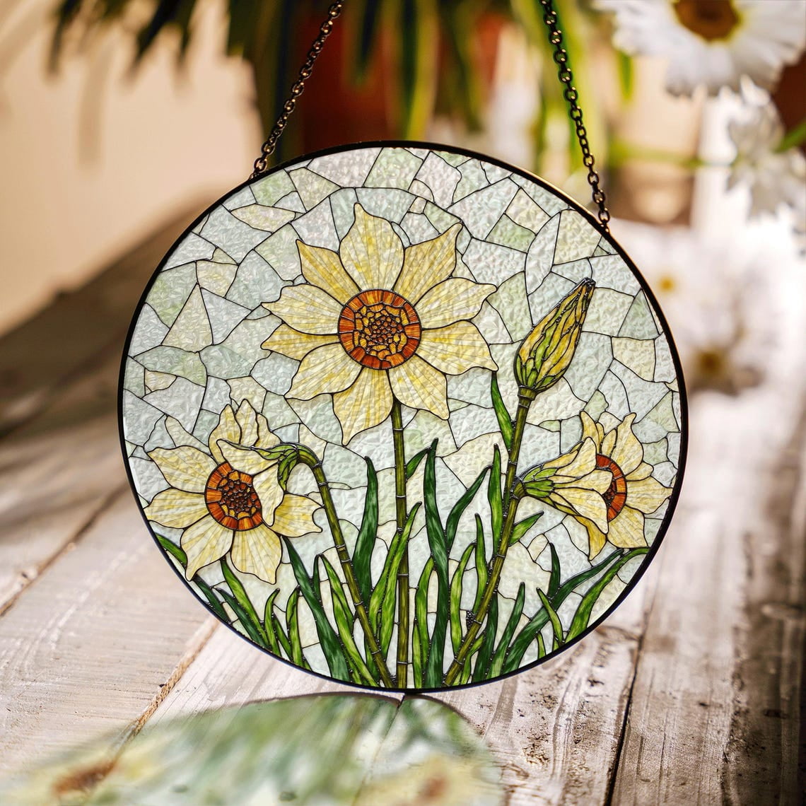 Daffodil Meadow Glass Suncatcher, Spring Flower Window Art, Garden ...