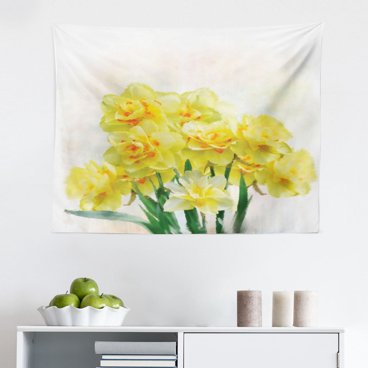 Daffodil Tapestry, Bunch of Potted Daffodils Under Calligraphy ...