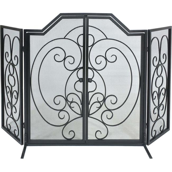 Dagan S169 3 Fold Center Arched Wrought Iron Screen with Doors, Black ...