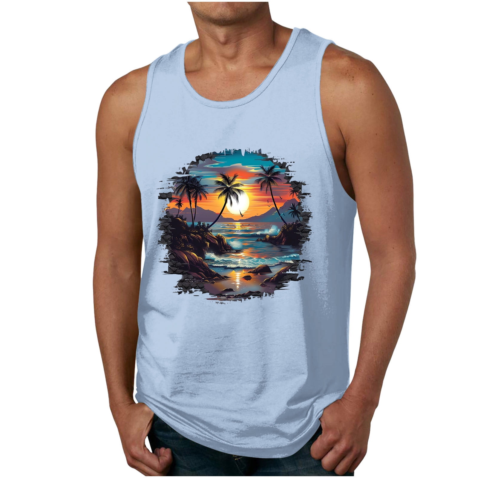 Dagegui Under $10 Mens Hawaiian Tank Tops Sunset Palm Tree Graphic ...