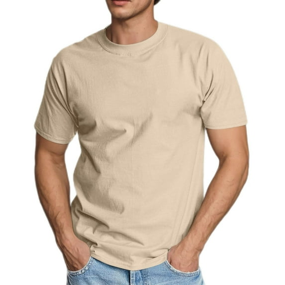 Dagegui Beige Crewneck Short Sleeve T Shirt for Men Solid Color Summer ...