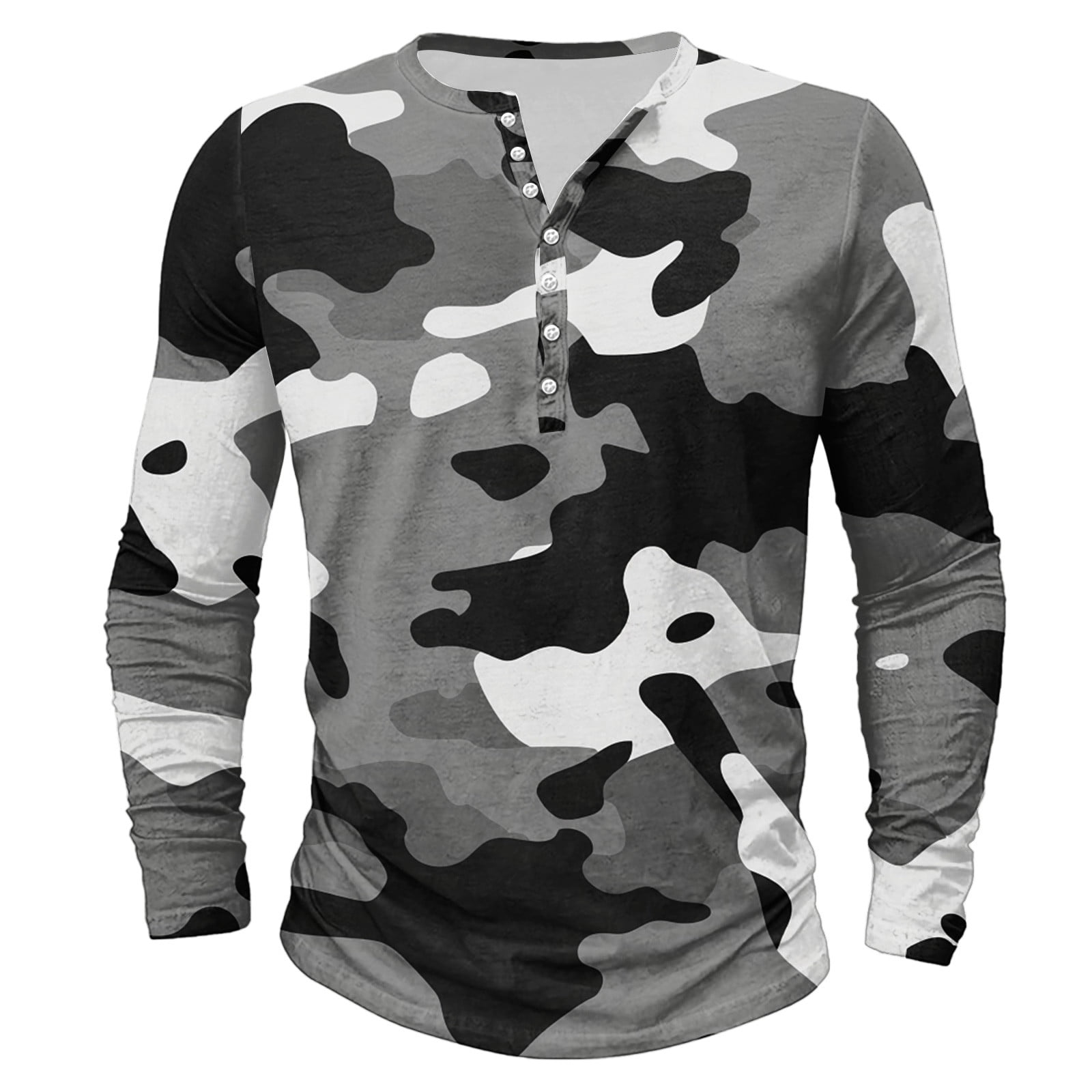 Dagegui Camo Henley T-Shirts for Men Long Sleeve Crewneck Button Shirts ...